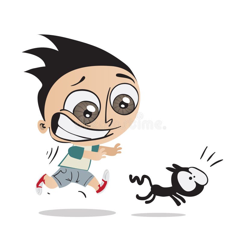 Little boy chasing cat stock illustration. Illustration of girl - 187583633