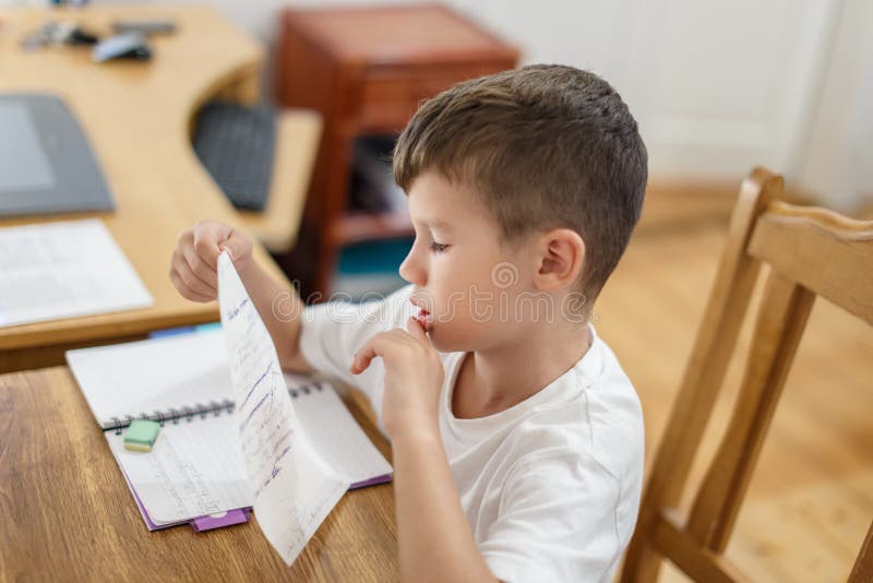 Little Boy Checking His Homework Mistakes and Thinking Stock Image ...