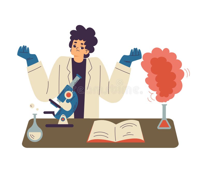 Little Boy Chemist and Scientist at Table with Flask and Microscope in ...