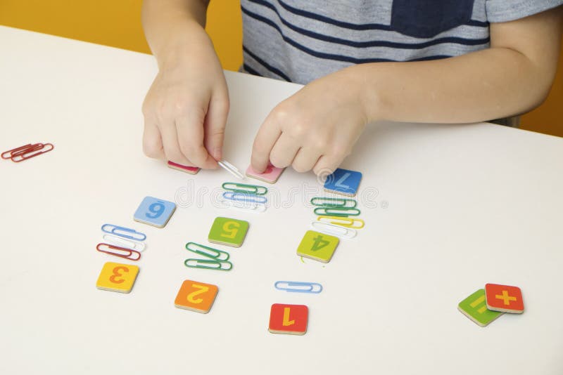 Little Boy Child Preparing for Elementary School Doing Simple Math ...