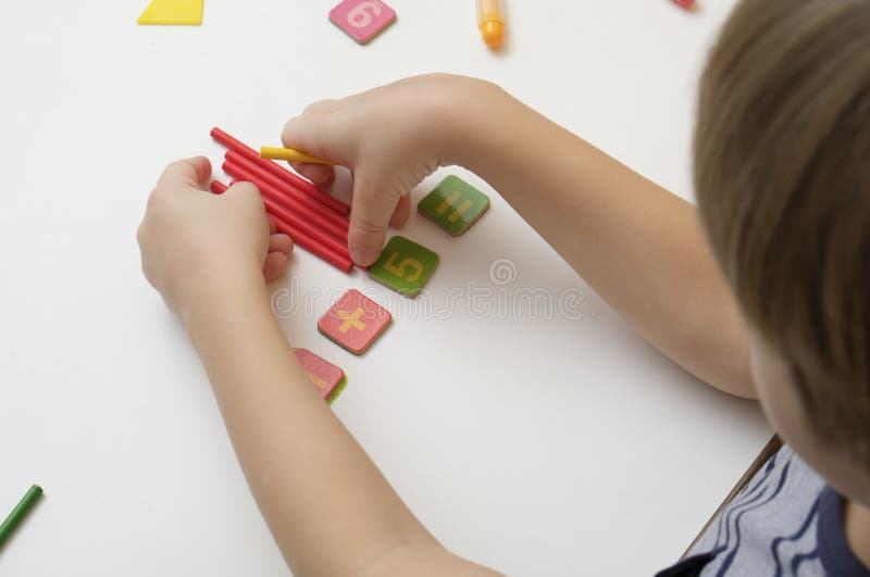 Little Boy Child Preparing for Elementary School Doing Simple Math ...
