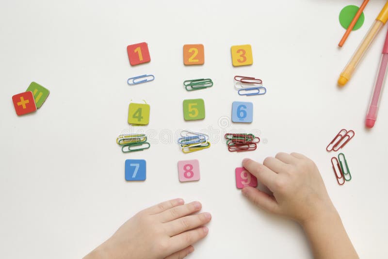 Little Boy Child Preparing for Elementary School Doing Simple Math ...