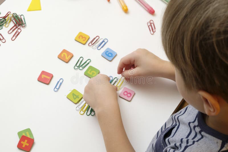 Little Boy Child Preparing for Elementary School Doing Simple ...