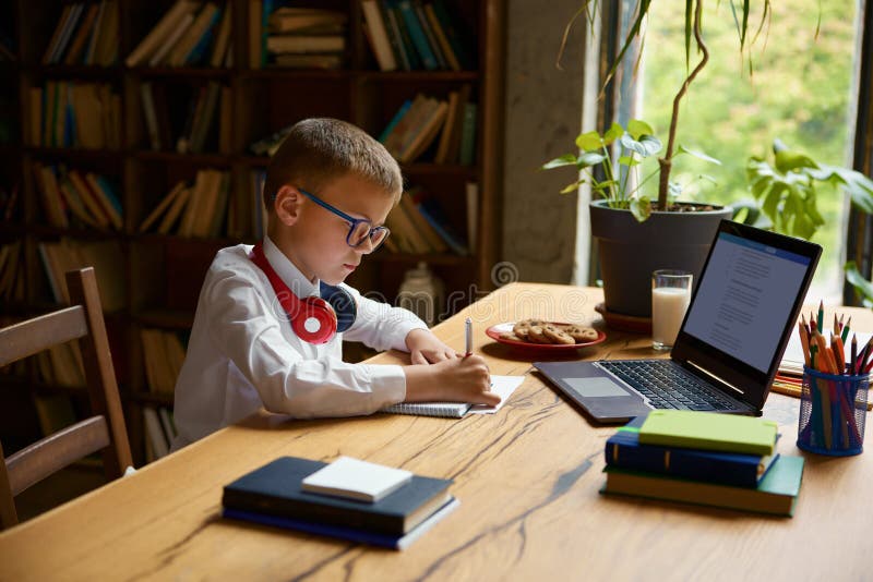 Little Boy Child Studying at Home Table Sitting Front of Computer ...