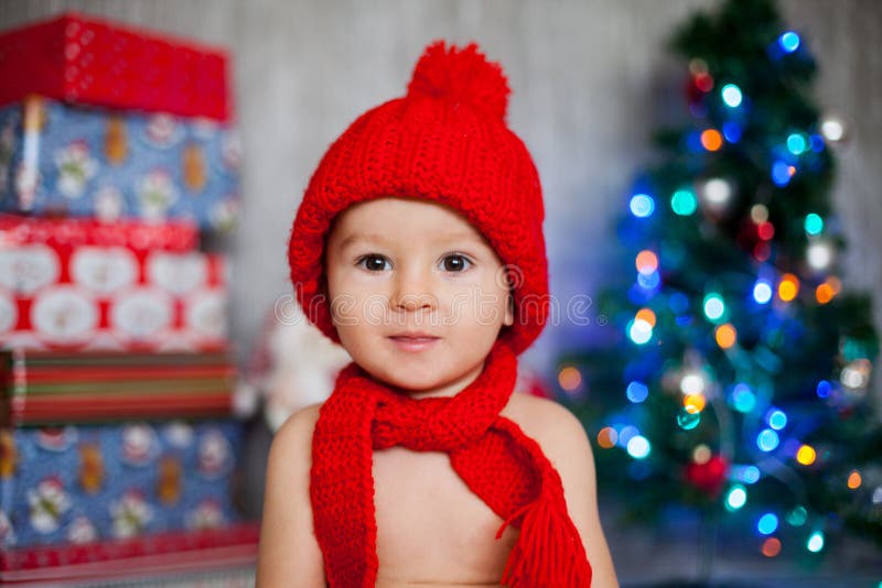 Little Boy on Christmas, Opening Presents Stock Image - Image of ...