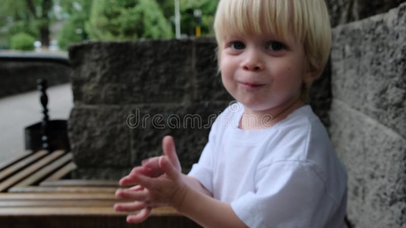 Little Boy Clapping His Hands and Smiling on a Park Bench. Stock Video ...