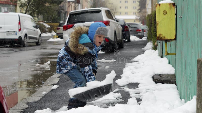 Little Boy Clearing the Snow-covered Backyard with Shovel. Winter, Snow ... Little Boy Clearing the Snow-covered Backyard with Shovel. Winter, Snow ...