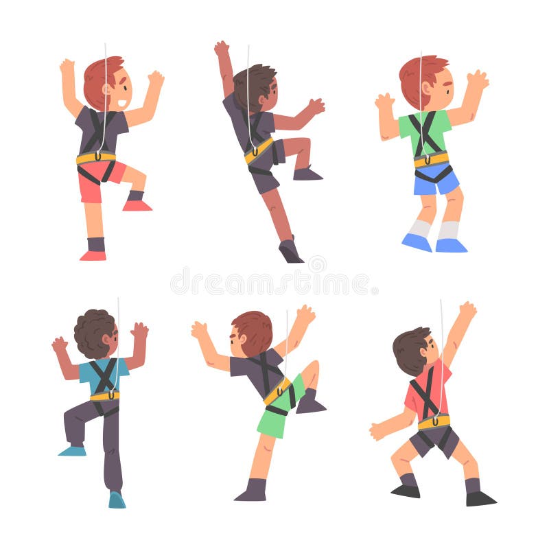 Little Boy Climbing Steep Rock or Wall with Harness Rope Engaged in ...