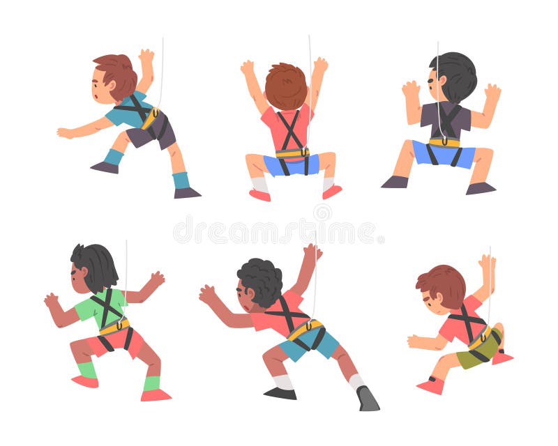 Little Boy Climbing Steep Rock or Wall with Harness Rope Engaged in ...