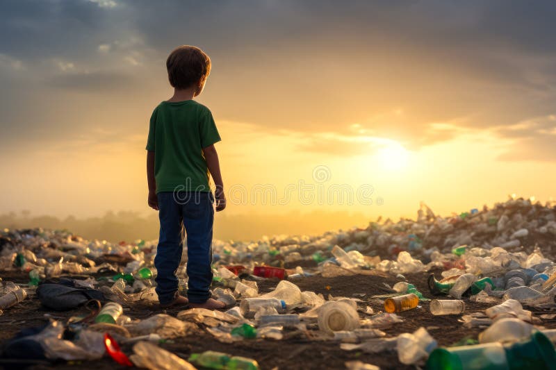 Little Boy Collects Plastic Waste in the Garbage Dump. Pollution ...