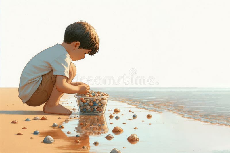A Little Boy Collects Shells on the Seashore. Stock Photo - Image of ...