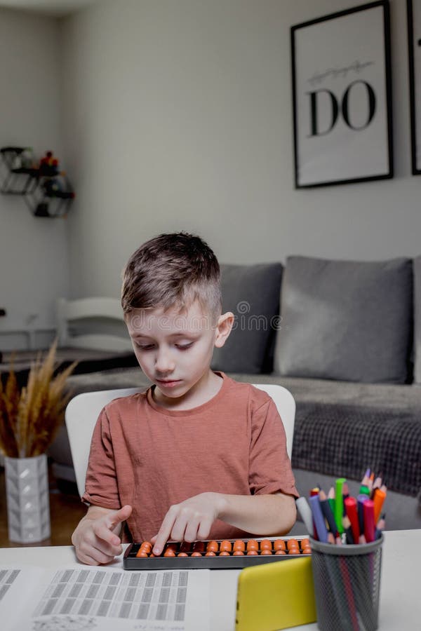 Little Boy Counting with Help an Abacus. Mental Arithmetic, Brain ...