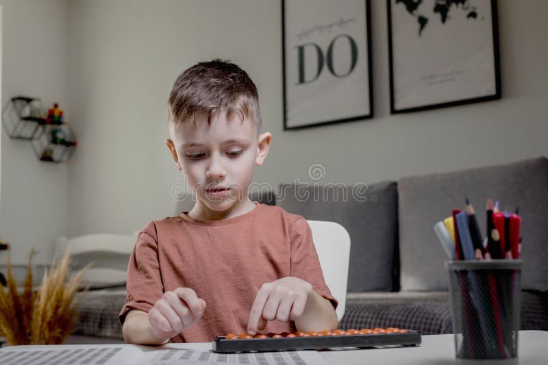 Little Boy Counting with Help an Abacus. Mental Arithmetic, Brain ...