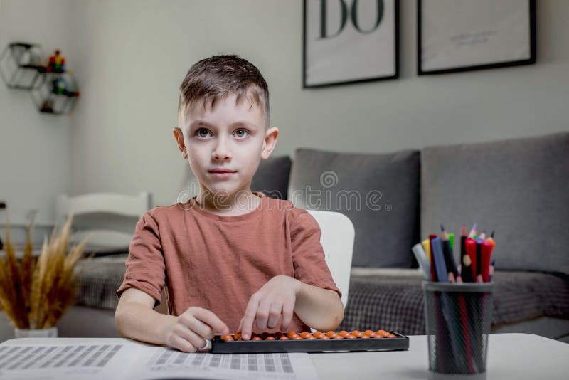 Little Boy Counting with Help an Abacus. Mental Arithmetic, Brain ...