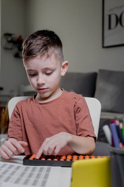 Little Boy Counting with Help an Abacus. Mental Arithmetic, Brain Development Stock Image ...