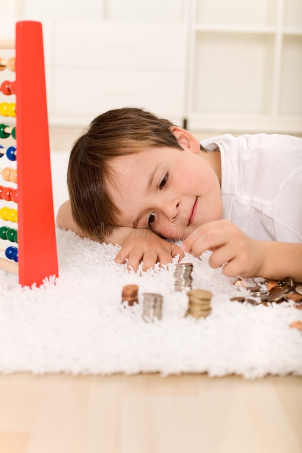 Little Boy Counting His Money Stock Image - Image of economy, financial ...