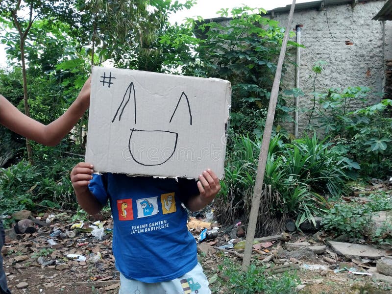 A Little Boy with a Danbo Box on His Head. a Happy Smiling Expression ...