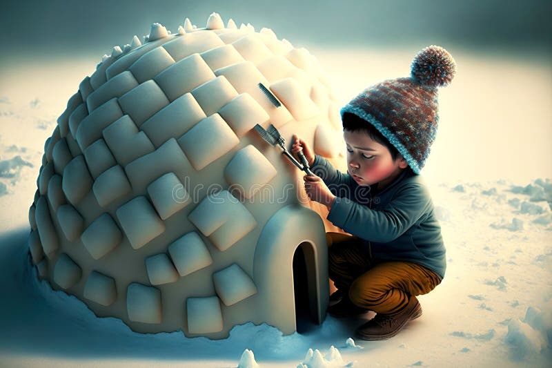 Little Boy Decorates Snow Igloo with Ice Cubes Stock Illustration ...