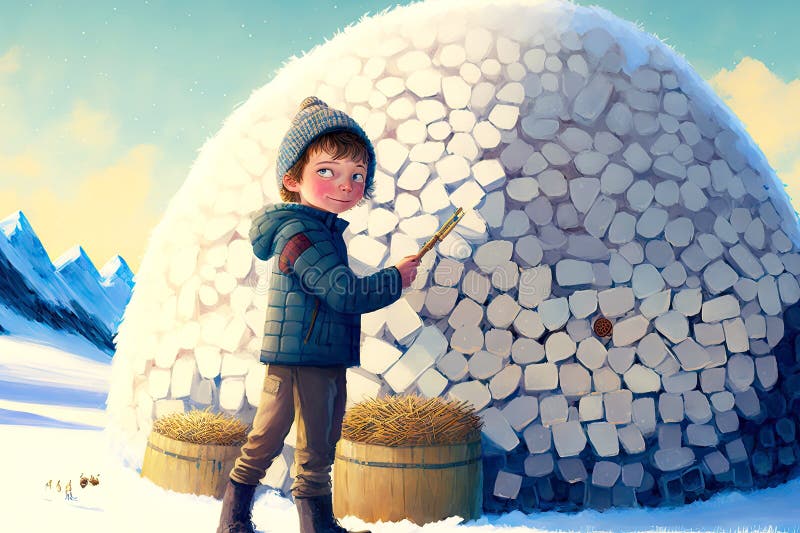 Little Boy Decorates Snow Igloo with Ice Cubes Stock Illustration ...