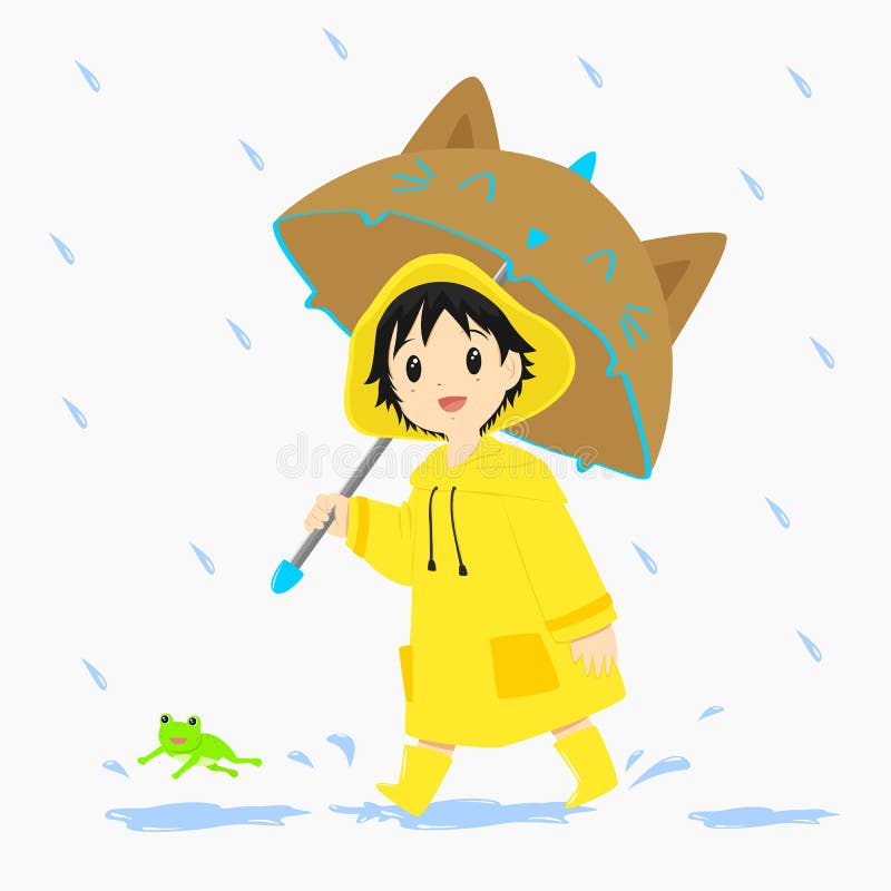 Little Boy Die Onder De Regen Lopen Vector Illustratie - Illustration ...