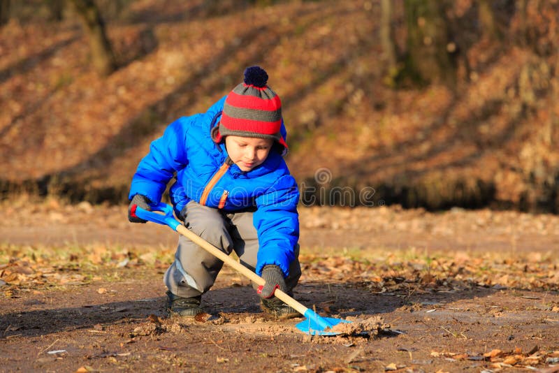 Little Boy Digging in Autumn Park Stock Image - Image of outdoor, happy ...