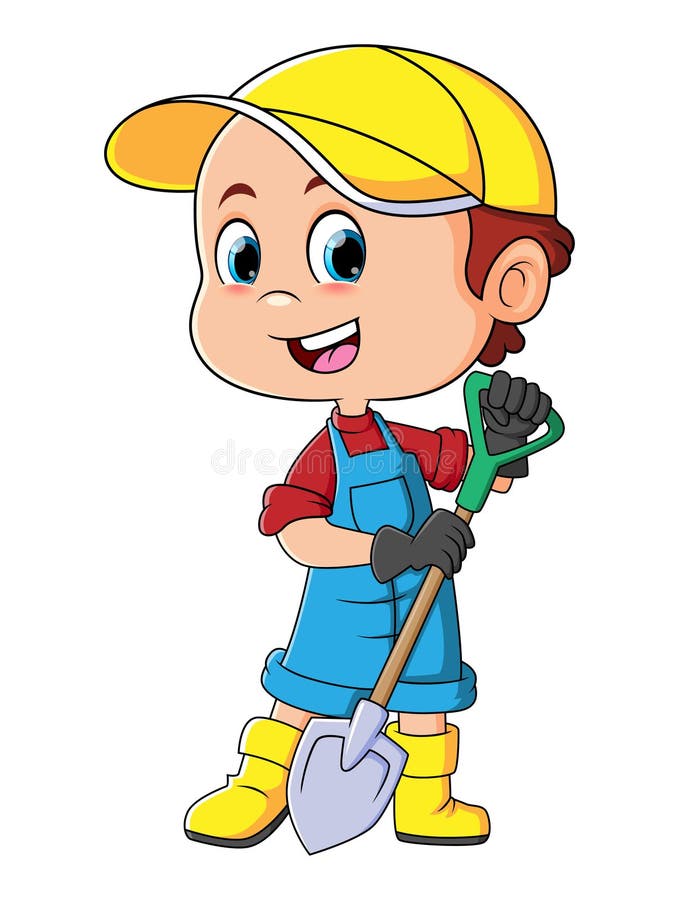 The Little Boy is Digging the Ground with the Shovel Stock Vector ...
