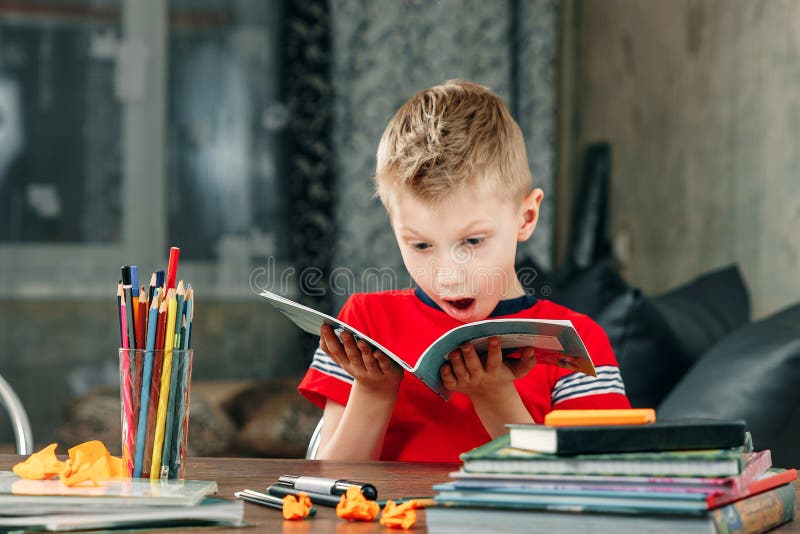 Little Boy Doing Homework in School. Stock Photo - Image of caucasian ...