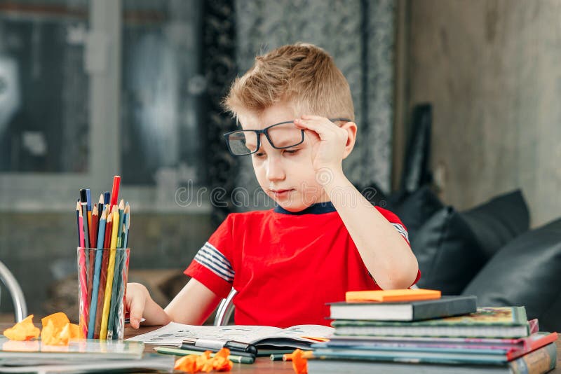 Little Boy Doing Homework in School Stock Image - Image of people ...