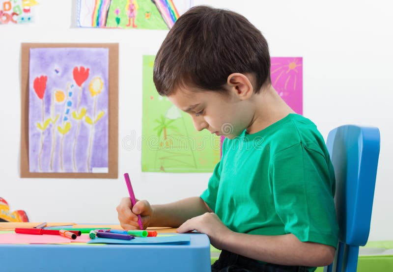 Little Boy Drawing on the Art Lesson Stock Photo - Image of preschooler ...