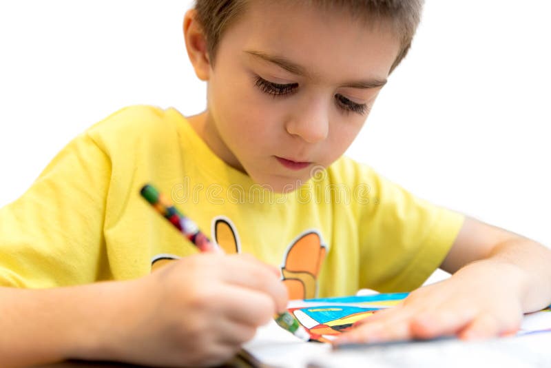 Little Boy Drawing with Colorful Pencils Stock Image - Image of ...