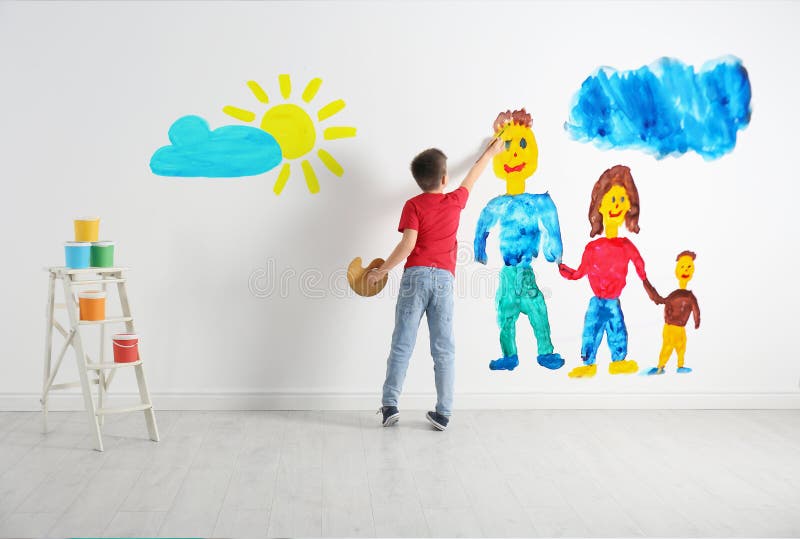 Little Boy Drawing on White Wall, Back View Stock Photo - Image of ...