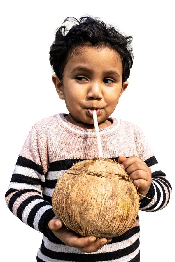 Little Boy Drinking Coconut Water in the Yard with Pleasure Stock Image ...