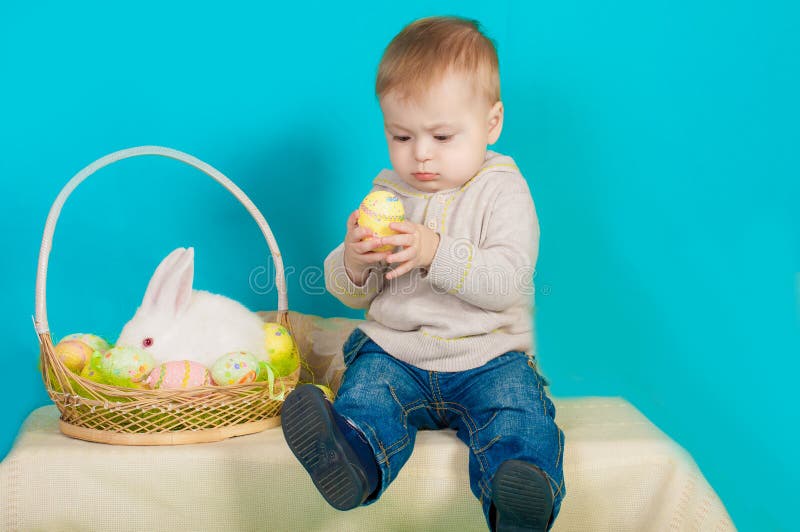 Little Boy and Easter Bunny with Eggs Stock Photo - Image of cute ...