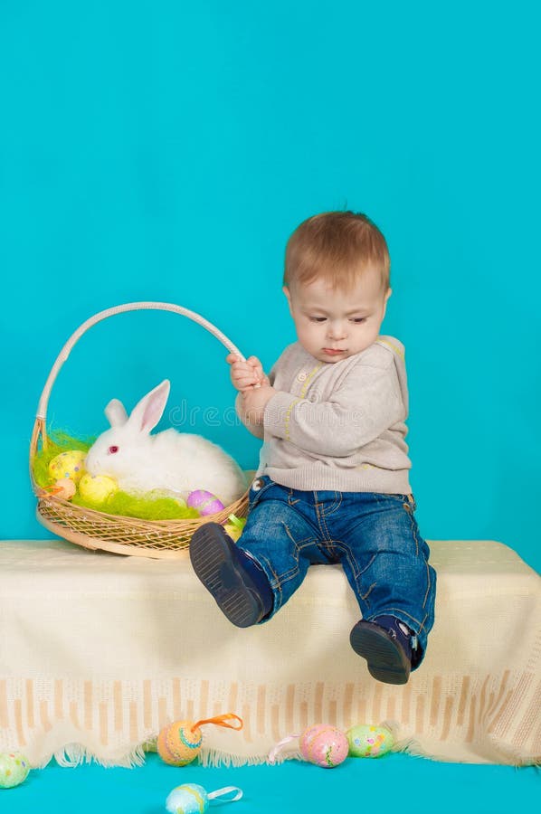 Little Boy and Easter Bunny with Eggs Stock Photo - Image of caucasian ...