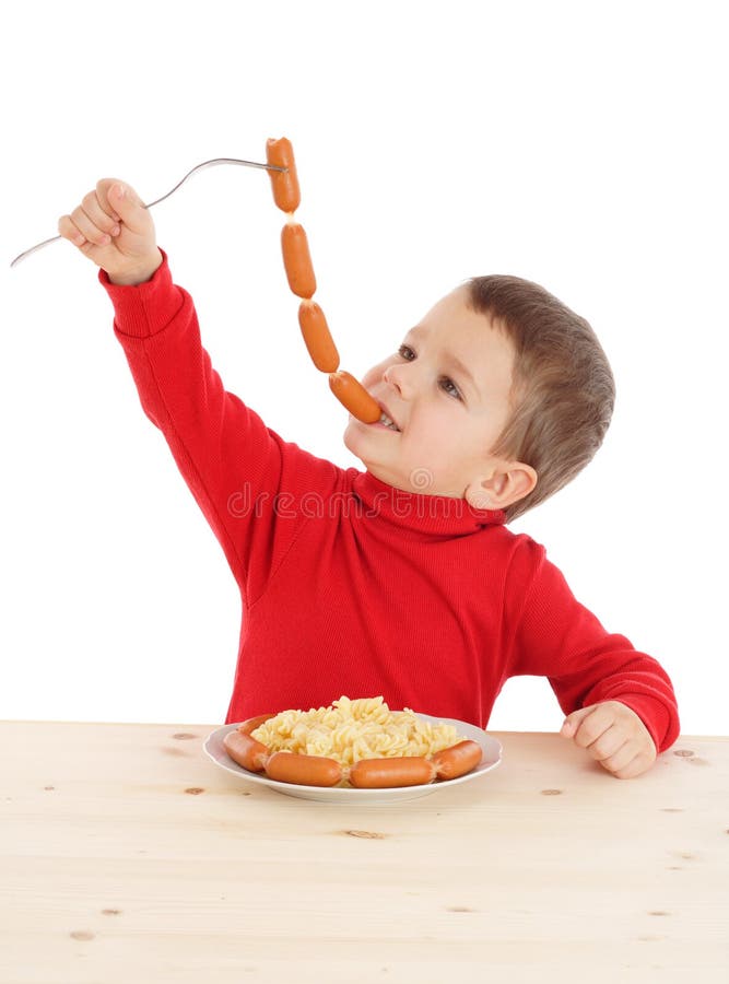 Little Boy Eating the Chain of Sausages Stock Image - Image of people ...