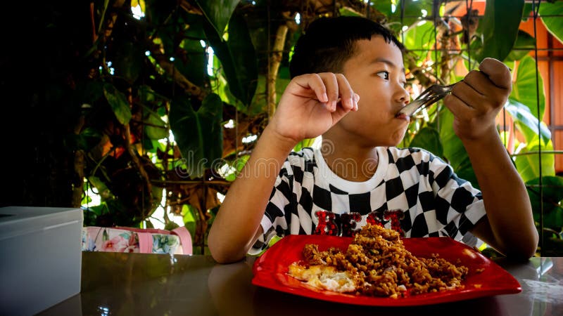 A Little Boy is Eating Fried Rice Stock Photo - Image of meal, learn ...