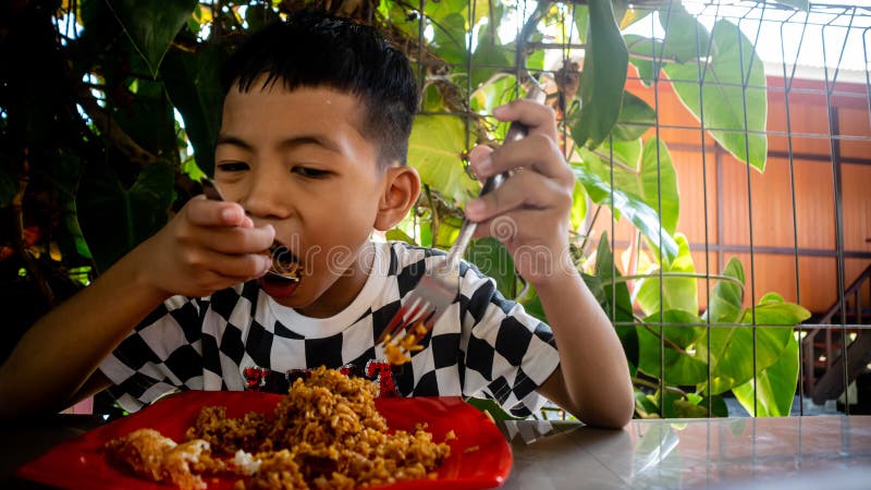 A Little Boy is Eating Fried Rice Stock Image - Image of cute ...