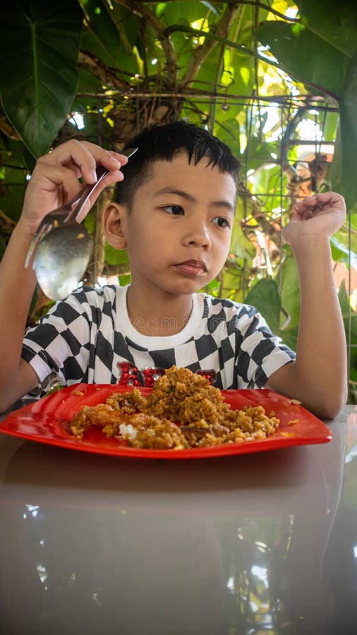 A Little Boy is Eating Fried Rice Stock Image - Image of holding ...