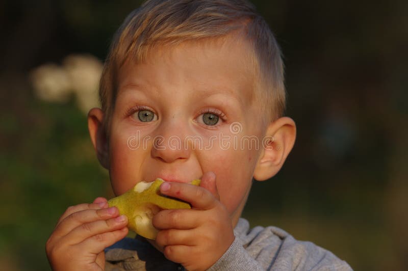 Little boy eating pear 3 stock image. Image of lifestyle - 98815115