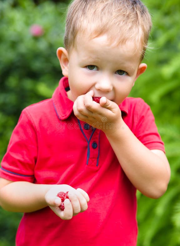 Little Boy Eating Raspberry Stock Image - Image of closeup, natural ...