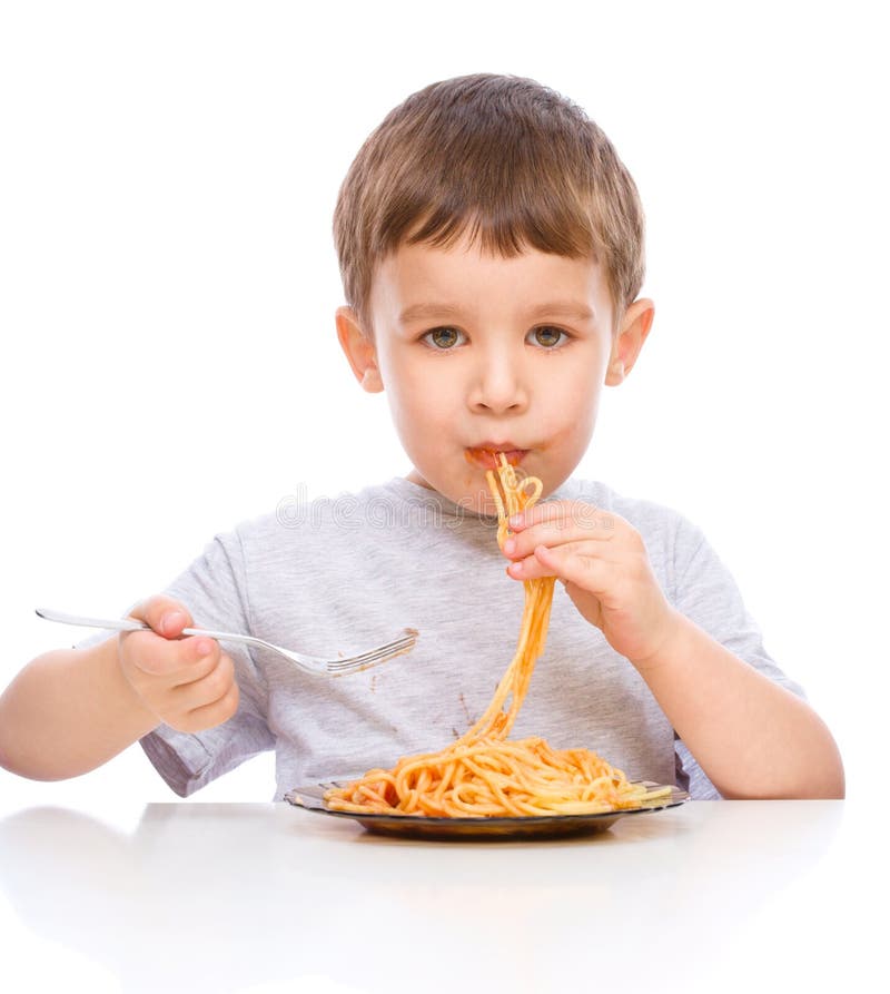 Little Boy is Eating Spaghetti Stock Image - Image of child, cutout ...