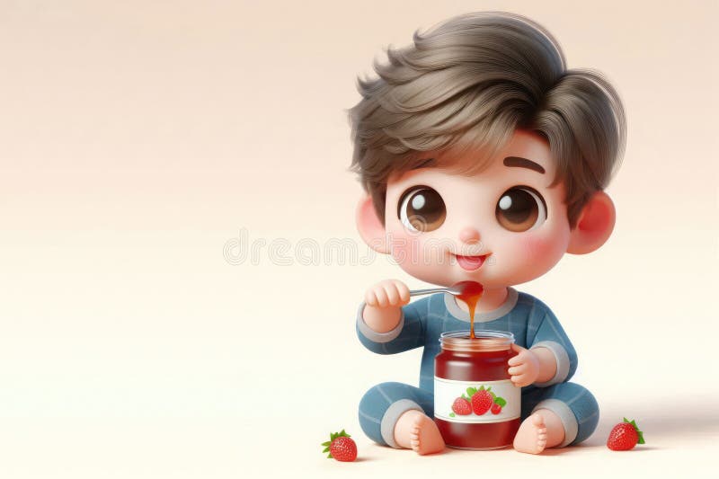 A Little Boy Eats Strawberry Jam. Space for Text. Stock Image - Image ...