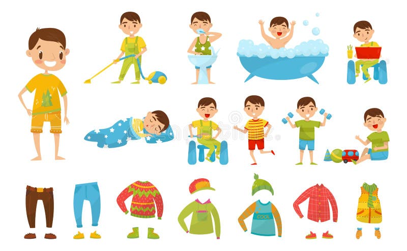 Little Boy Engaged in daily Activity and Everyday Routine with Clothing ...