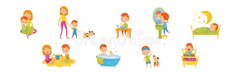 Little Boy Engaged in daily Activity and Everyday Routine Vector Set ...