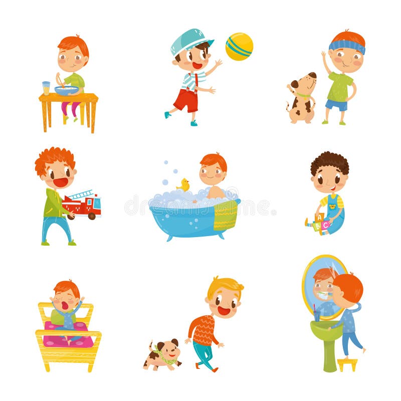 Little Boy Engaged in daily Activity and Everyday Routine Vector Set ...