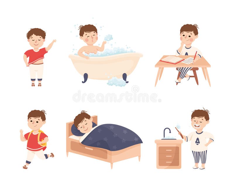 Little Boy Engaged in daily Activity and Everyday Routine Vector Set ...