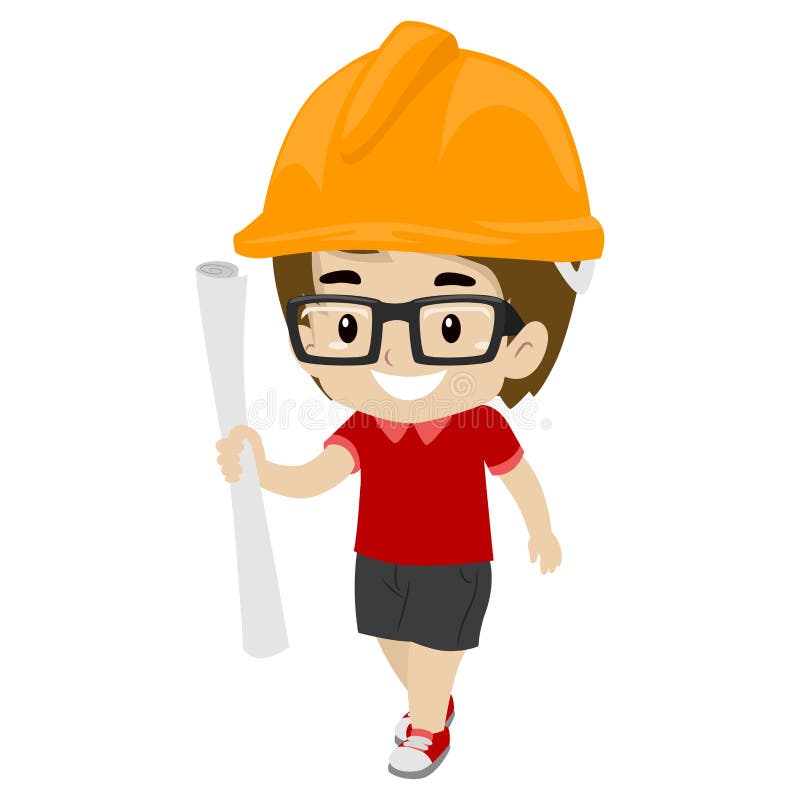 Kid Boy Wearing Engineer Cap while Holding a Rolled Paper Stock Vector ...