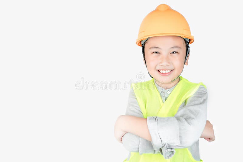 Little Boy in Engineering Uniform with Helmet and Copy Space Stock ...