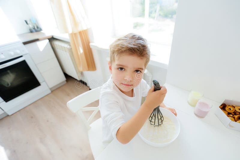 Little Boy Enjoy Cooking in Kitchen Interior Stock Image - Image of ...