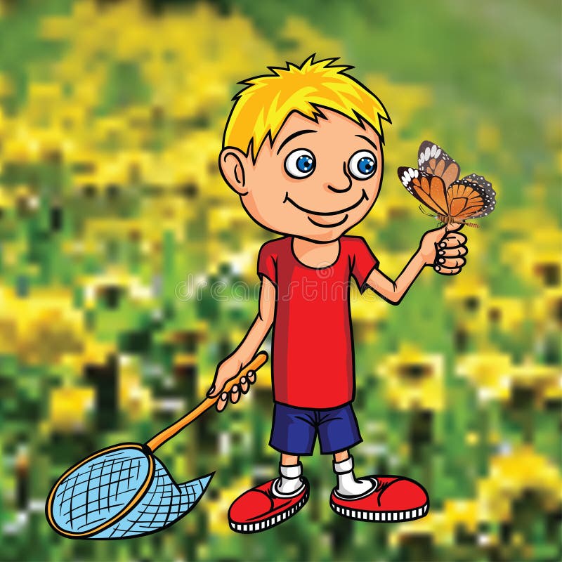 Little Boy Examines a Butterfly. Stock Vector - Illustration of ...